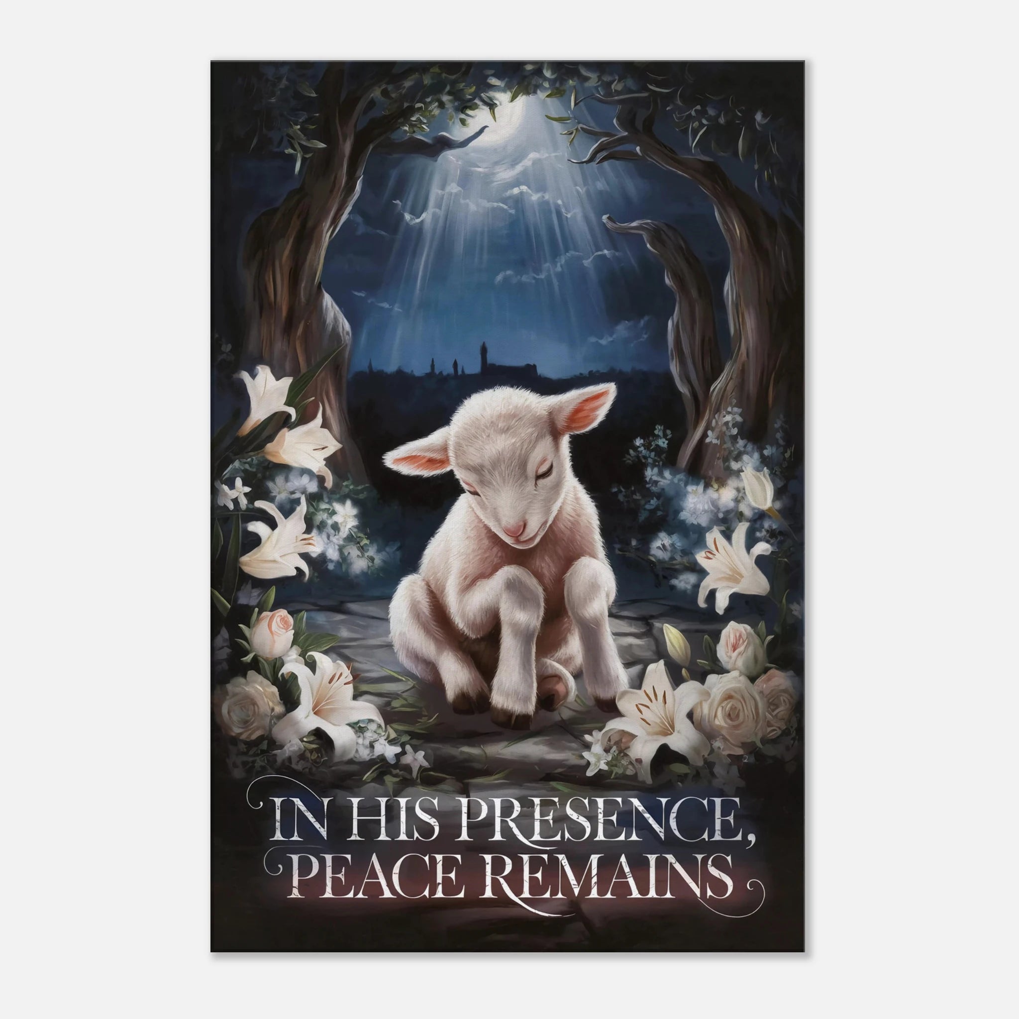 In His Presence | Praying Lamb Christian Peace Canva – Lafia Craft